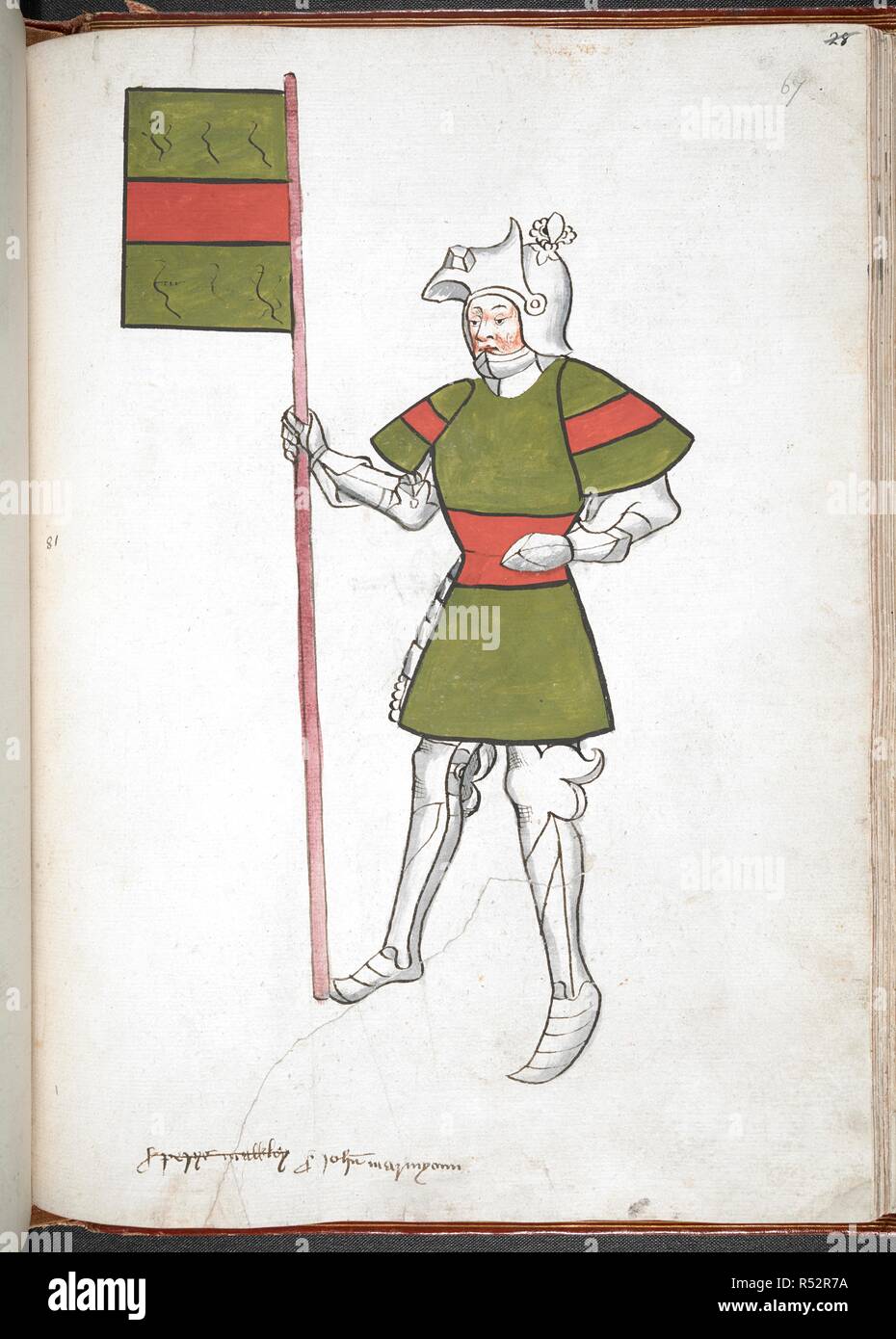 Knight, in armour and tabard, holding a sword and a standard with ...