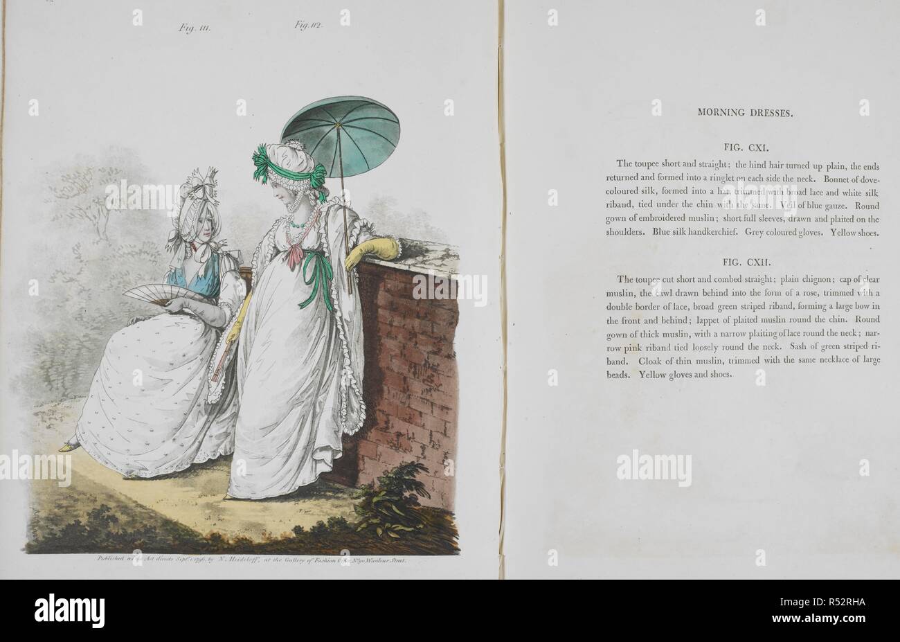 Morning dresses. Two women wearing white dresses, one holding a parasol ...