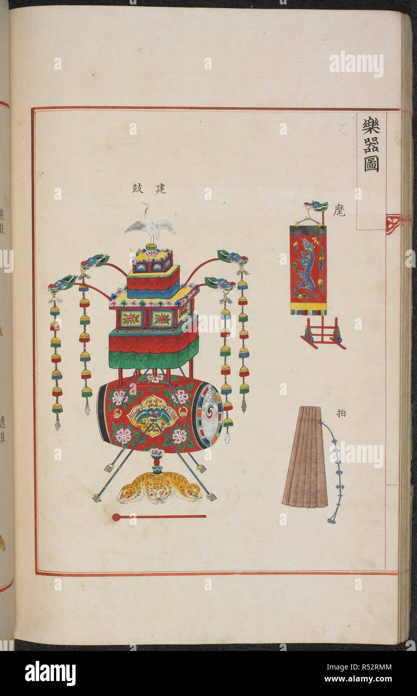 Korean musical instruments. Page from a court manuscript showing the ...