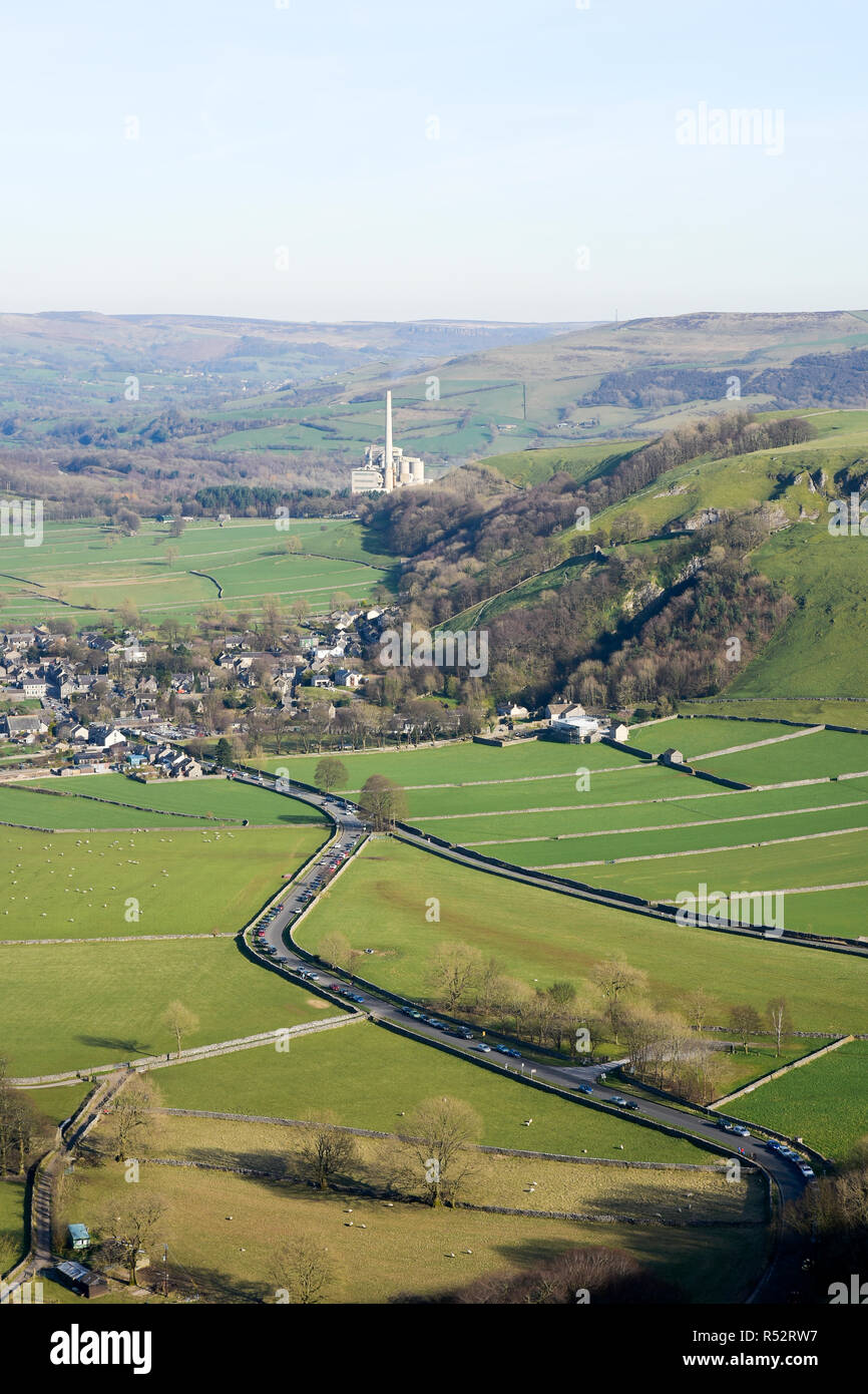 Views across Peak Distrcit and Castelton Village with Hope Cement Works ...