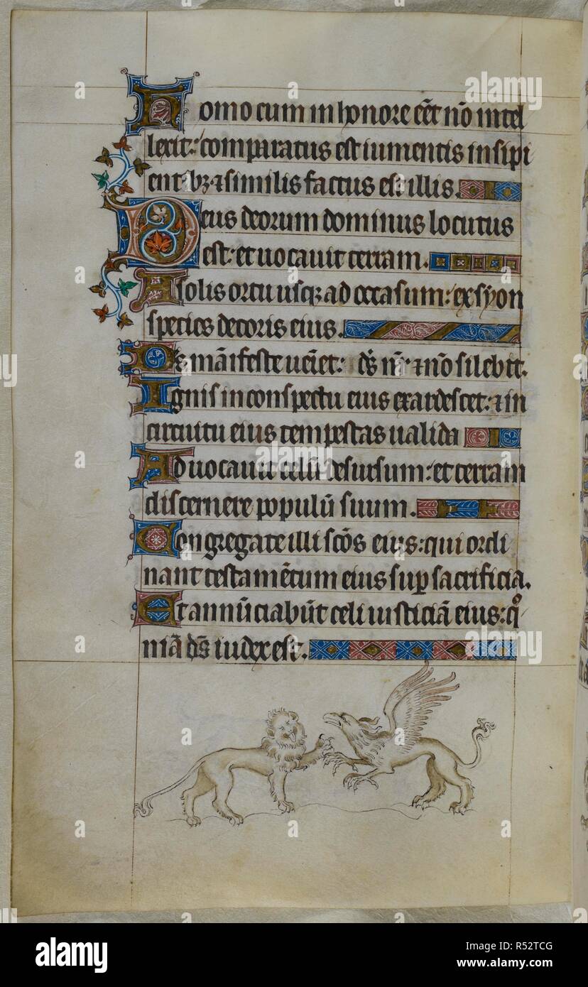 Bas-de-page scene of a griffin attacking a lion. Psalter ('The Queen ...