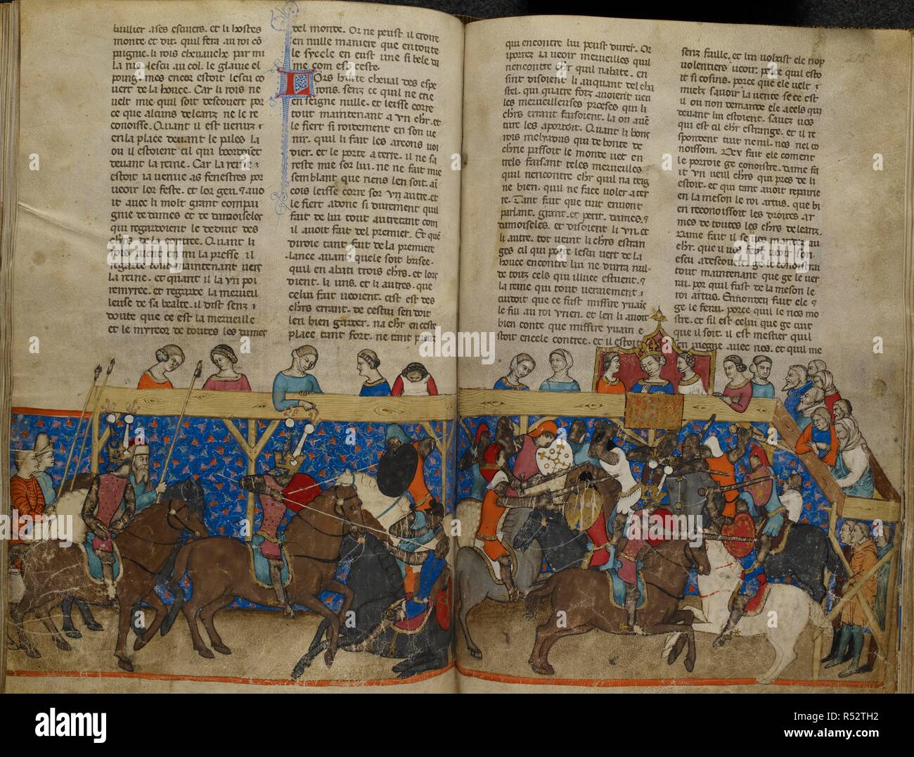A joust, watched by the Queen and her ladies; with text above. Roman du ...