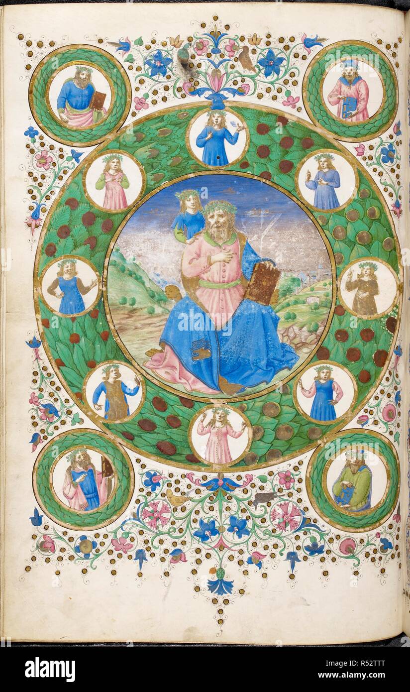 Full-page frontispiece of Homer seated in a landscape, encircled by a ...