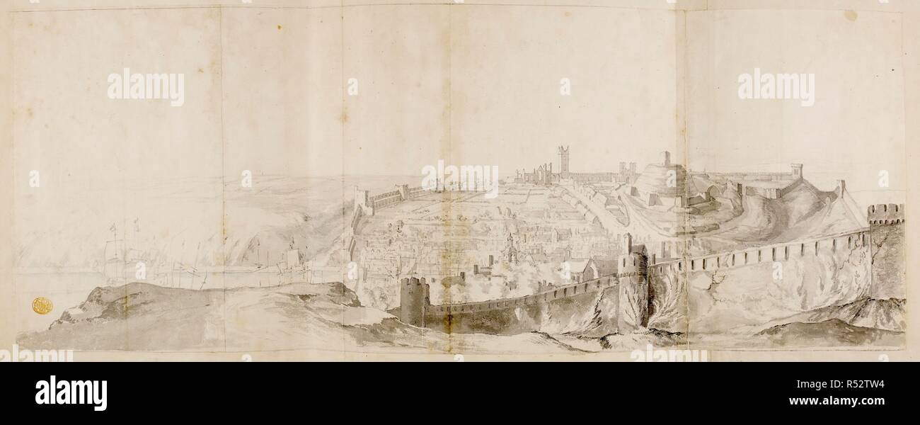 An unfinished view of the town of Drogheda. Castle on a hilltop. . King ...