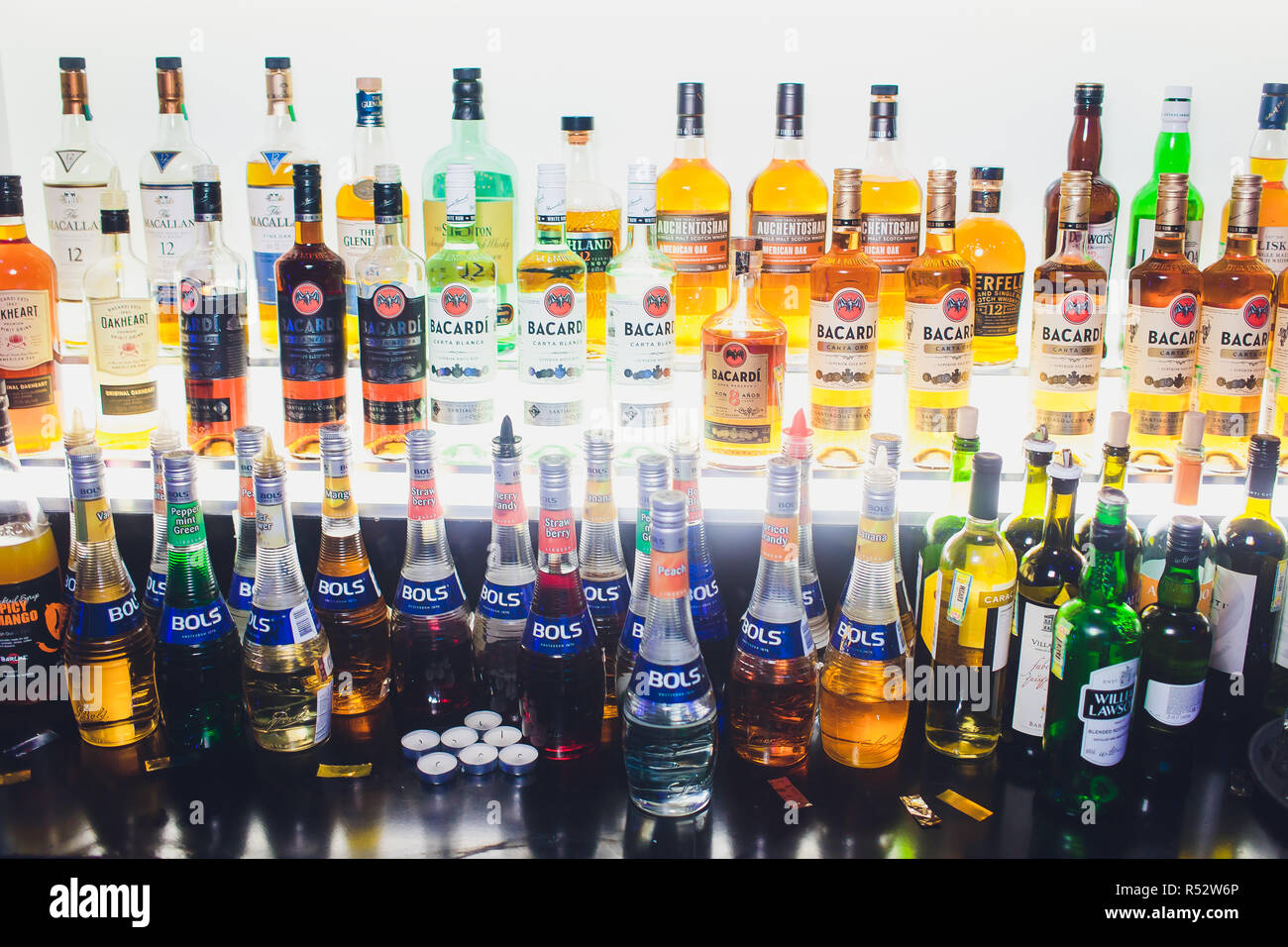 Ufa, Russia, Darling Bar, 20 November, 2018: Various alcohol bottles in ...