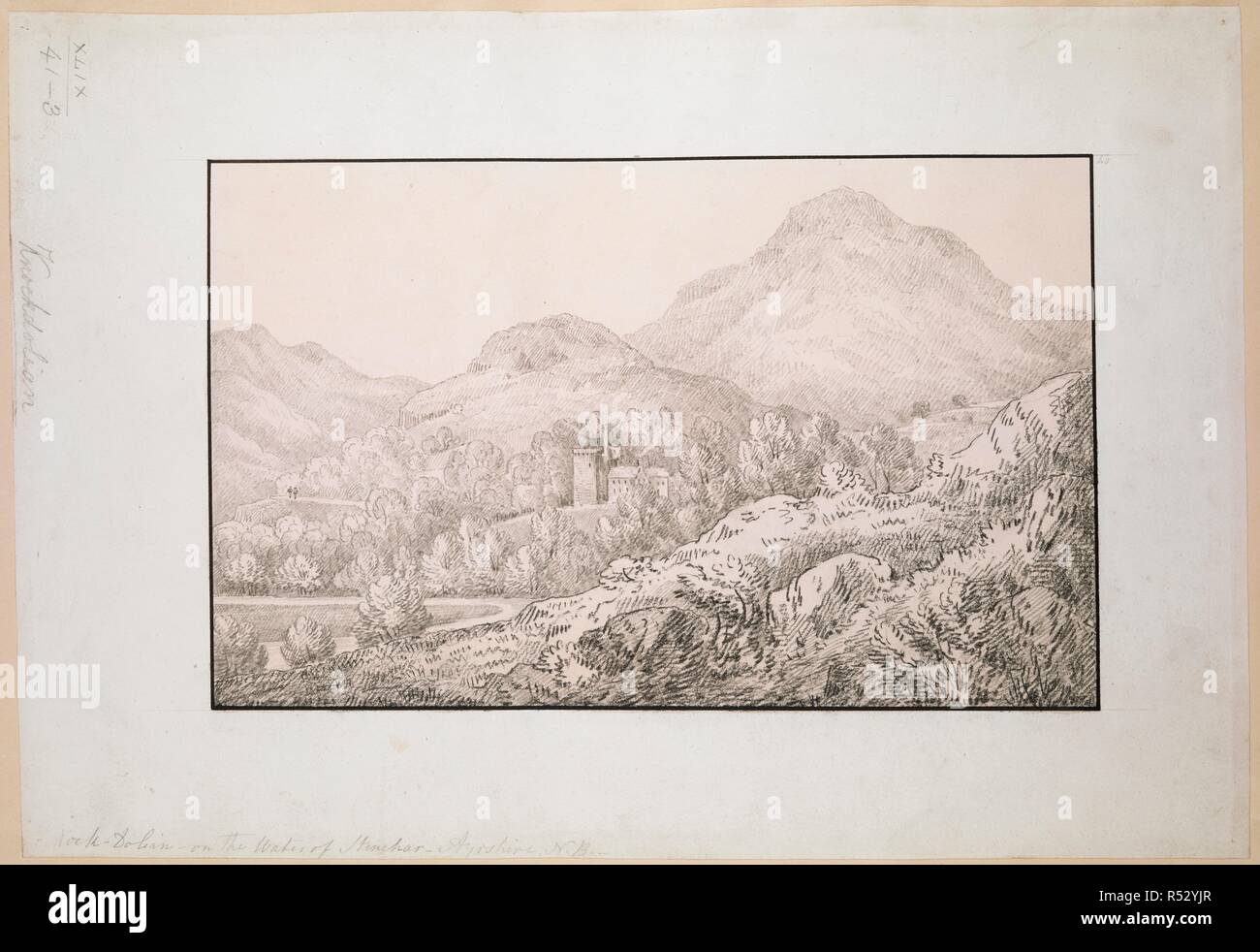 A rocky landscape with Knockdolian Castle in the middle ground; trees ...