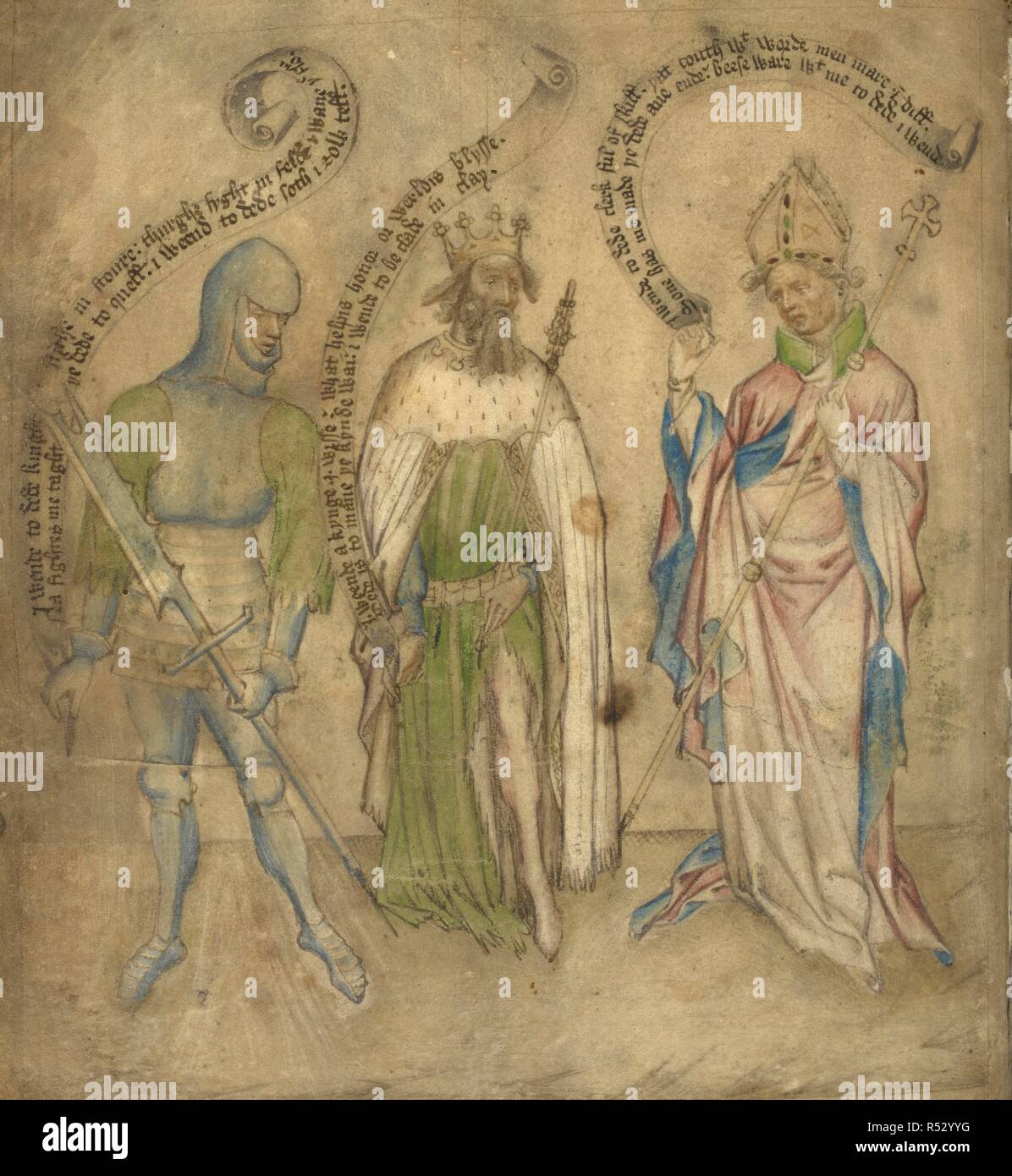 Three full-length figures of a knight with polearm, a king with sceptre ...