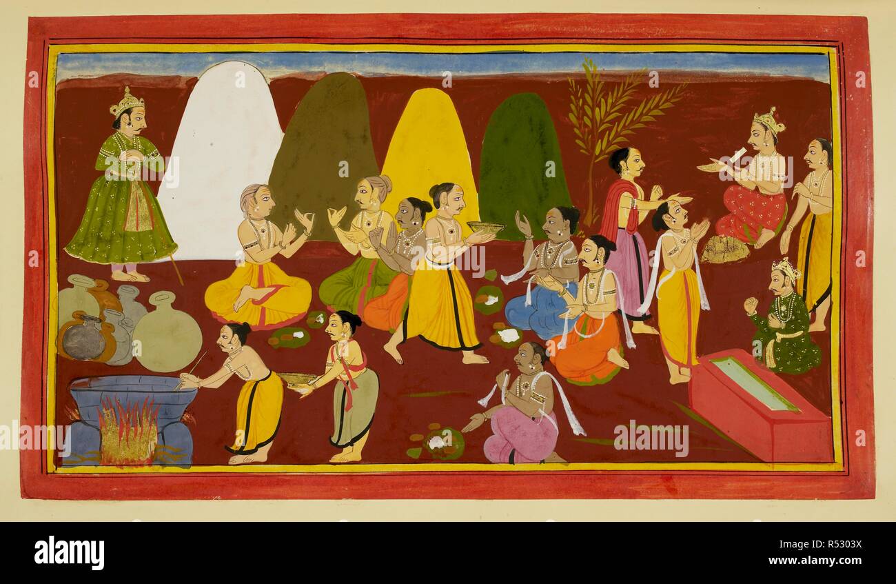 The feast before the sacrifice. Ramayana, Bala Kanda. Udaipur, 1712 ...