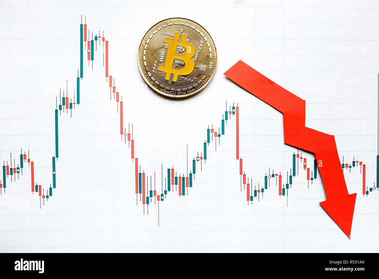 Depreciation of virtual money bitcoin. Red arrow and silver Bitcoin on ...