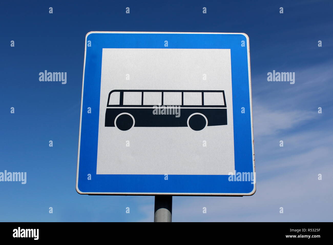 Bus station rectangular metal sign with blue frame and black bus ...