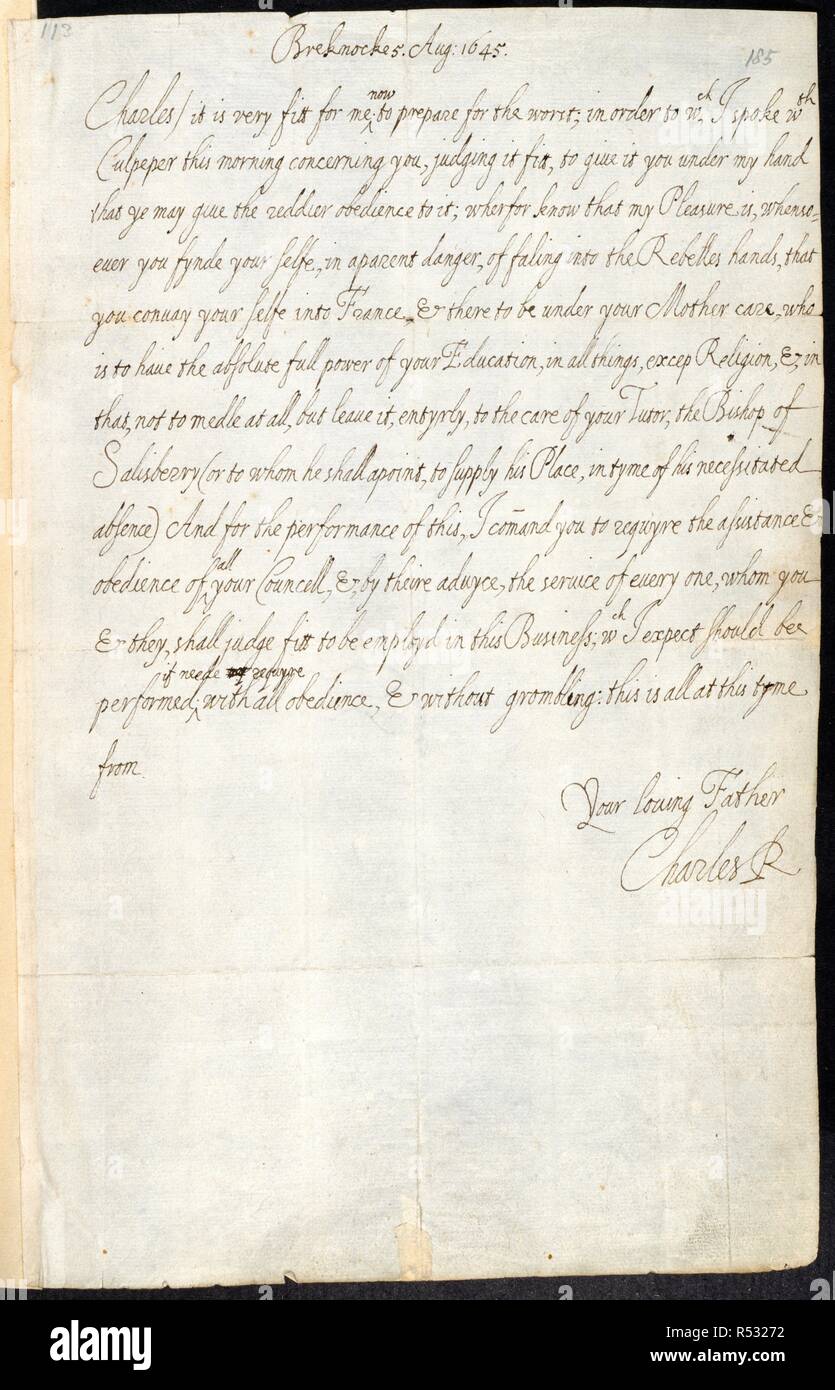 Letter of Charles I. Brecon; 1645. [Whole folio] Autograph letter of ...