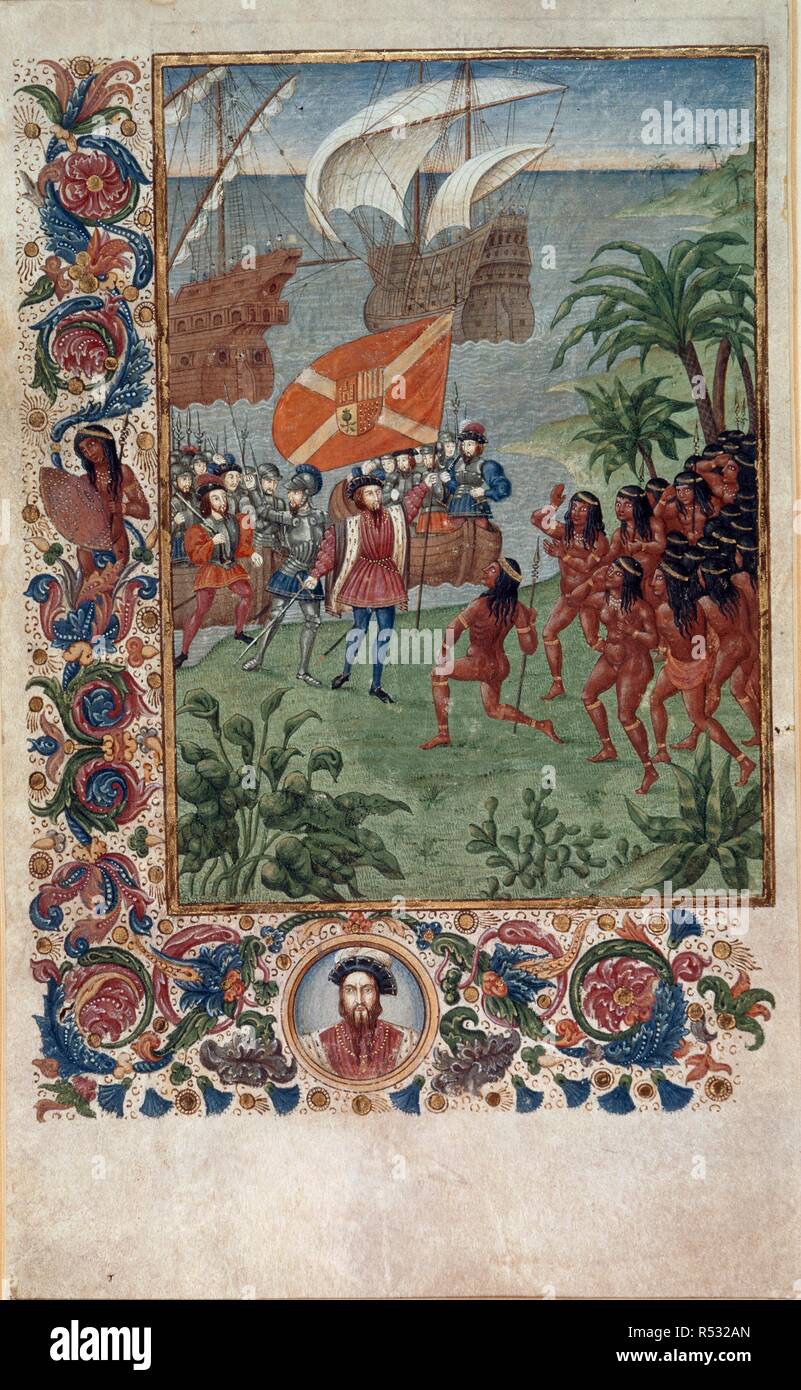 Hernando Cortes landing in Mexico in 1519, met by natives; with foliate ...