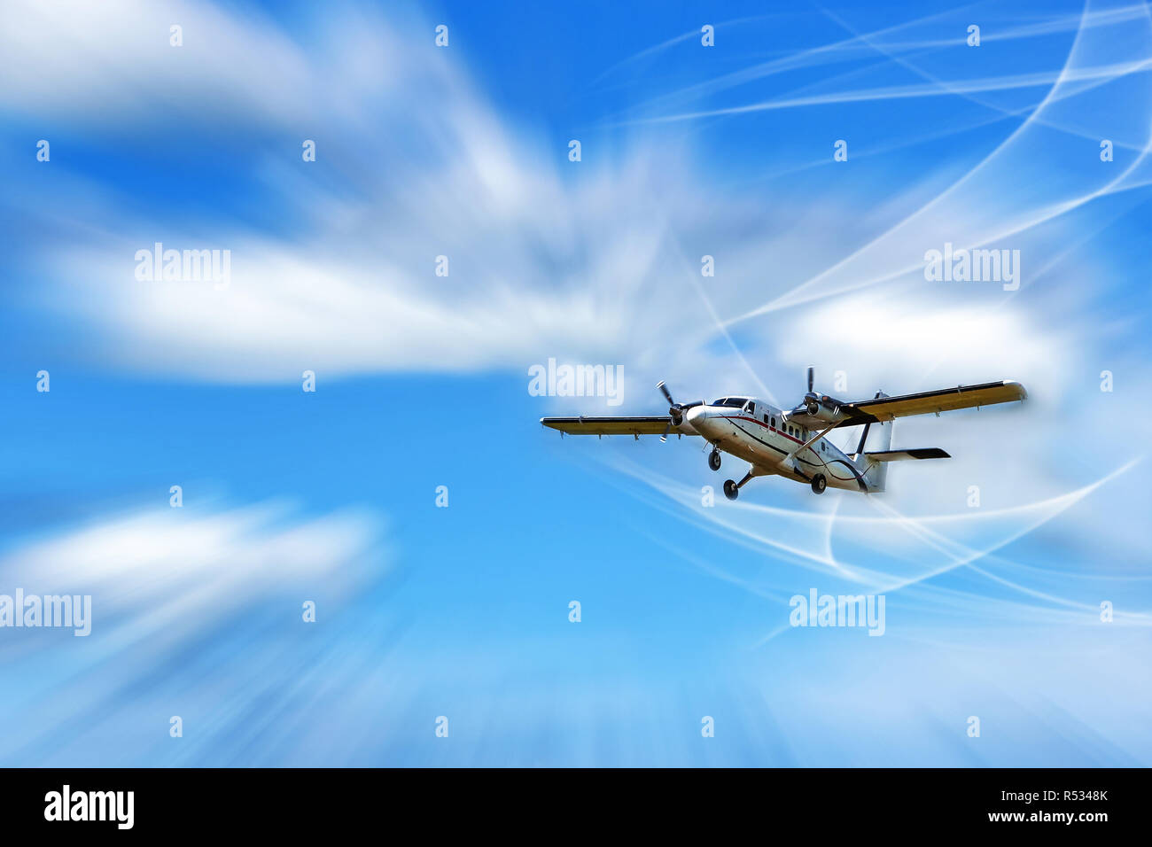 Flying small passenger propeller aircraft in the streams of air. Mixed ...
