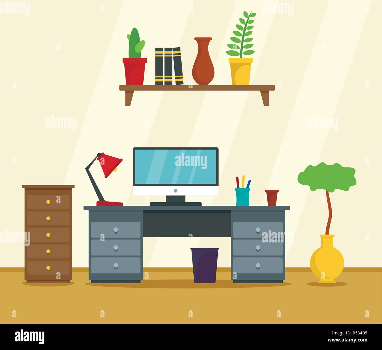 Computer work place concept background. Flat illustration of computer ...