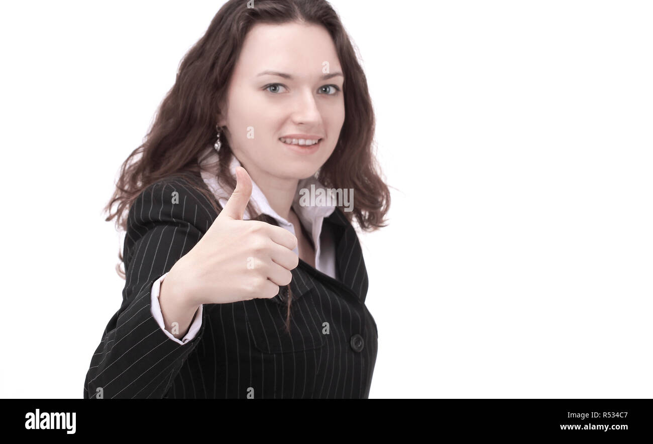 closeup.confident business woman showing thumb up. isolated on white ...