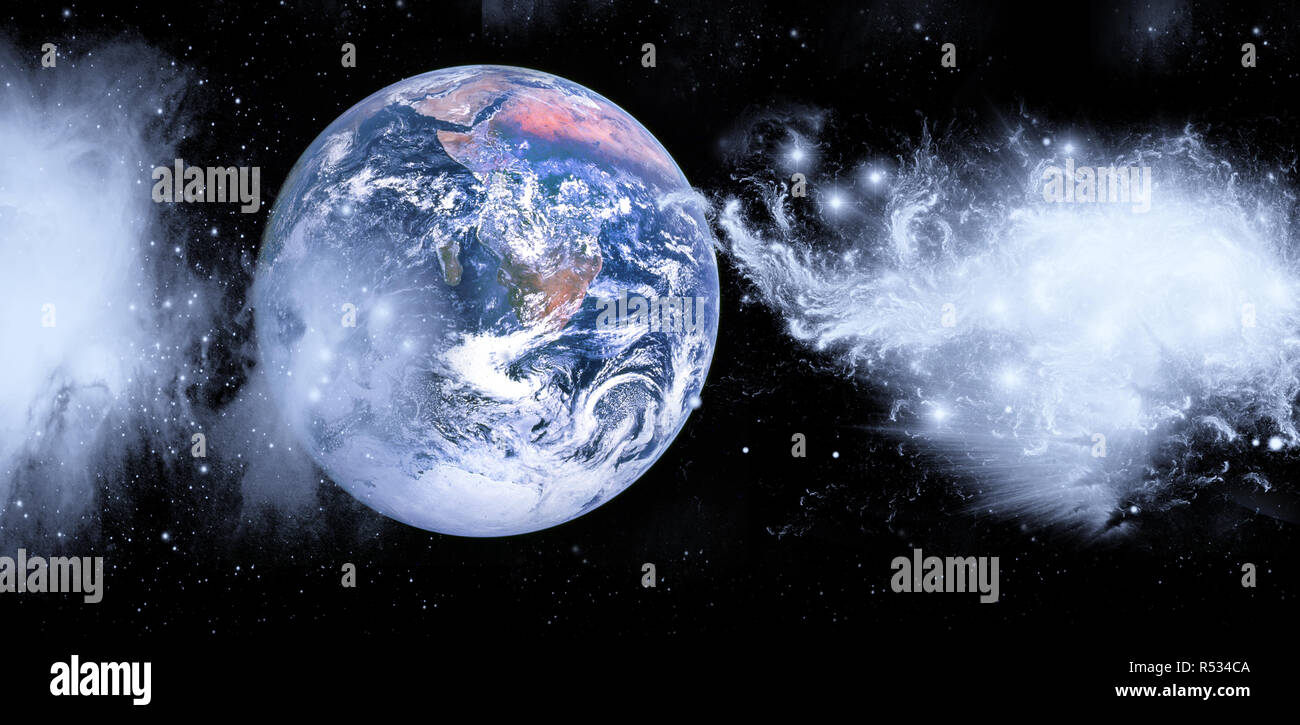 Planet Earth from the space with cosmic clouds. Solar system. Outer ...