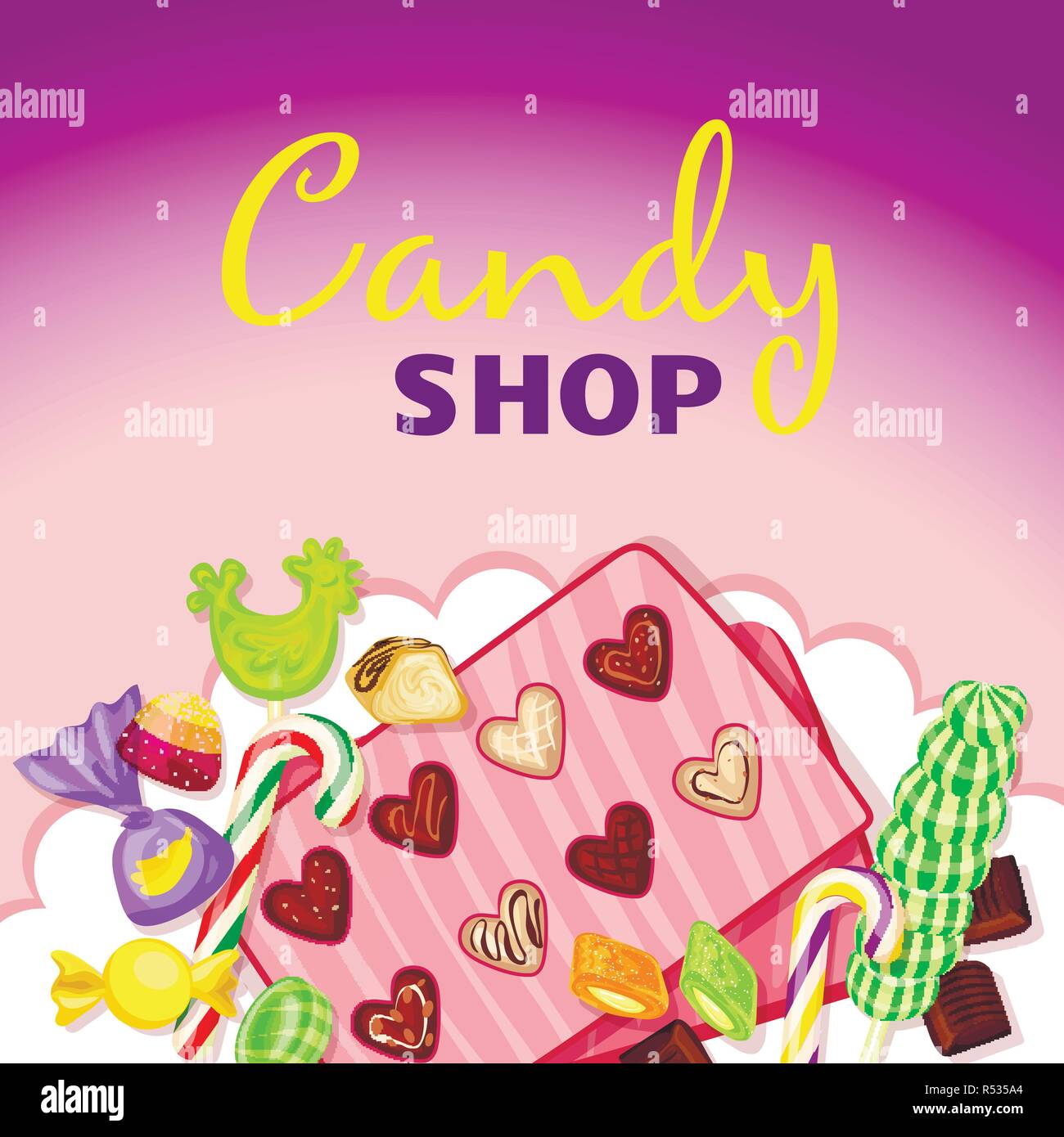 Caramel candy shop concept background. Cartoon illustration of caramel ...