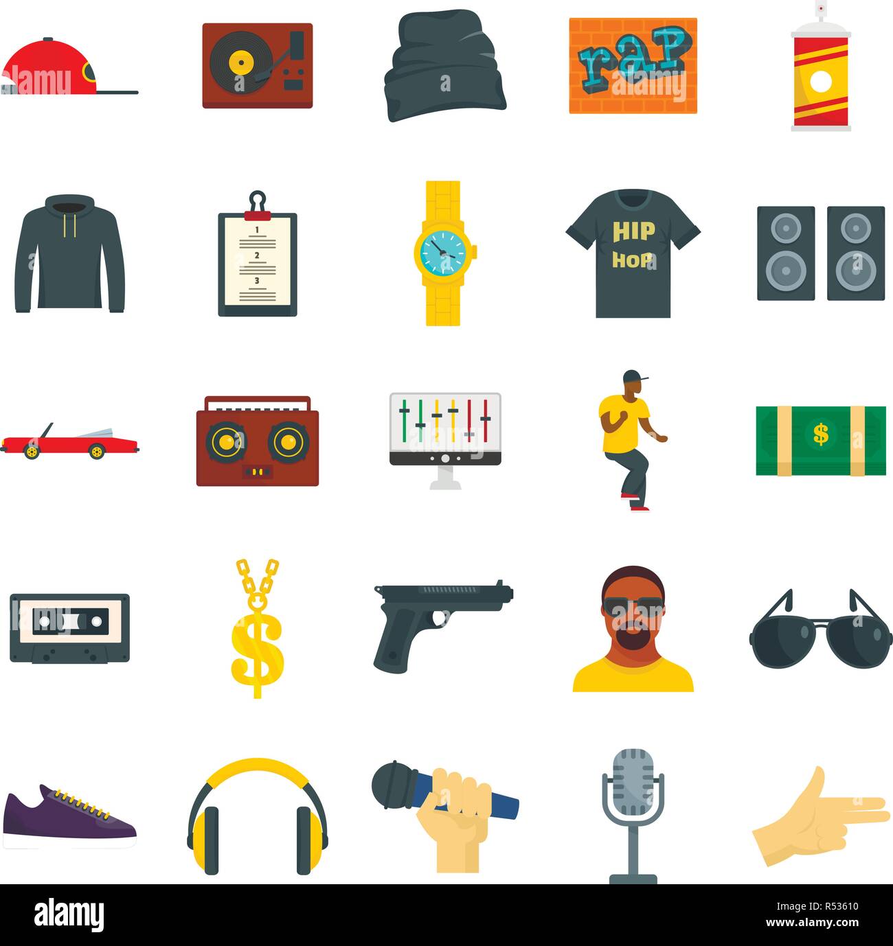 Hiphop rap swag music dance icons set. Flat illustration of 25 hiphop ...
