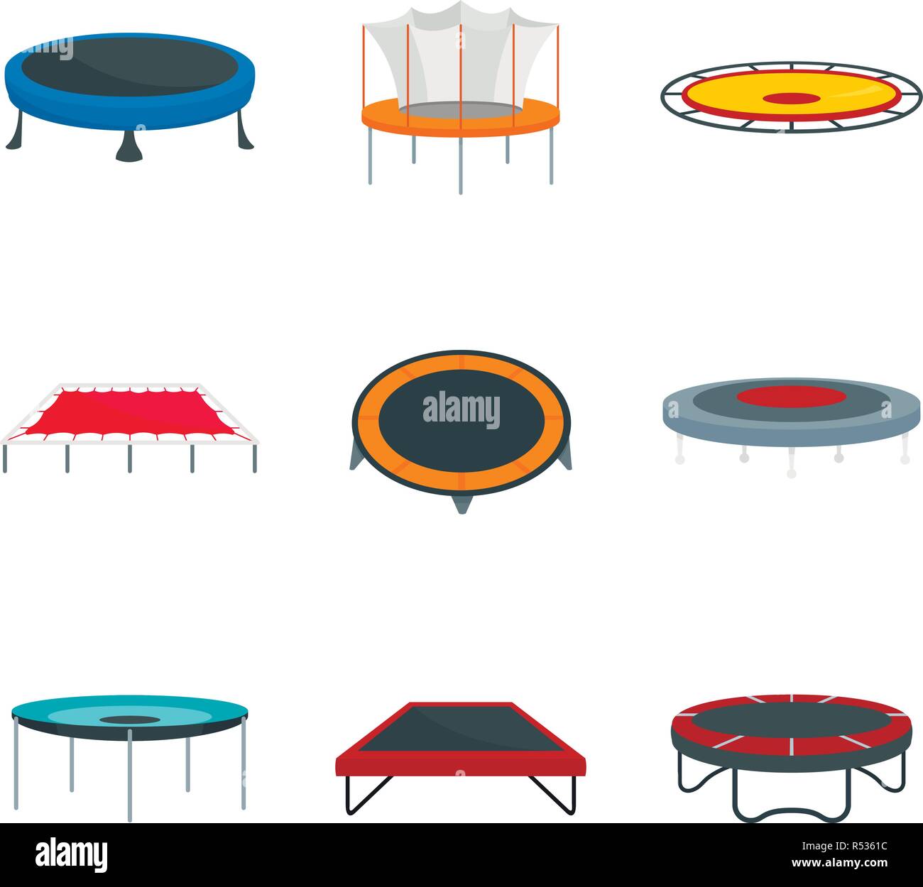 Trampoline jumping park joy icons set. Flat illustration of 9 ...