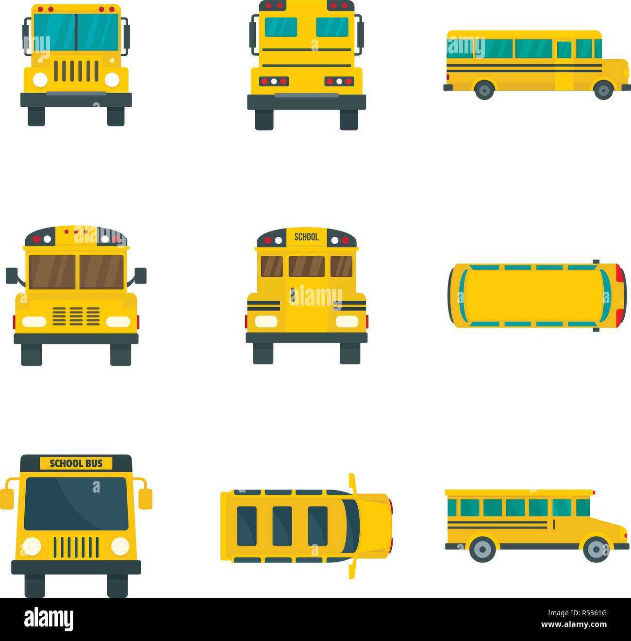 School bus back kids icons set. Flat illustration of 9 school bus back ...