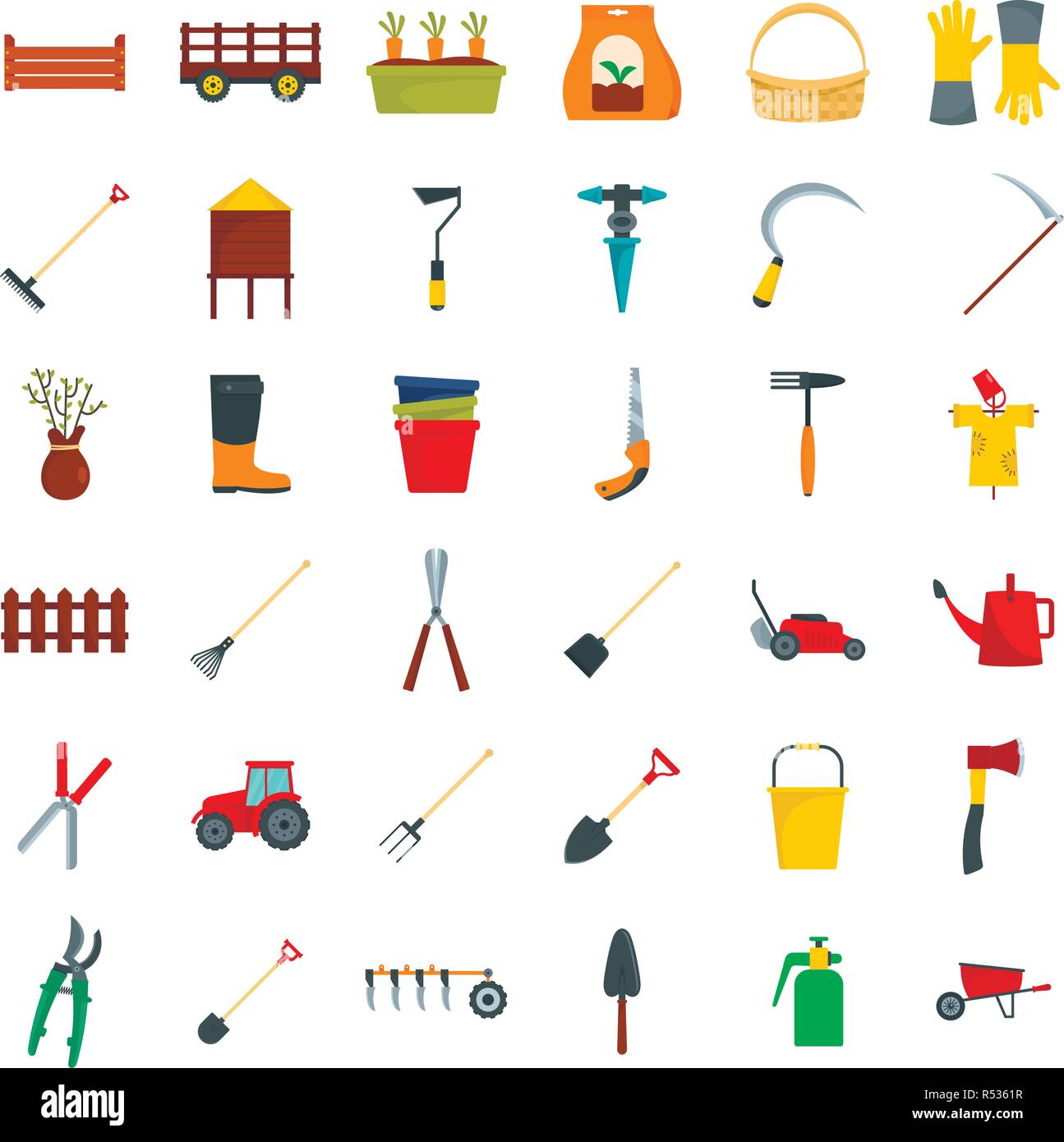 Farming equipment garden icons set. Flat illustration of 25 farming ...