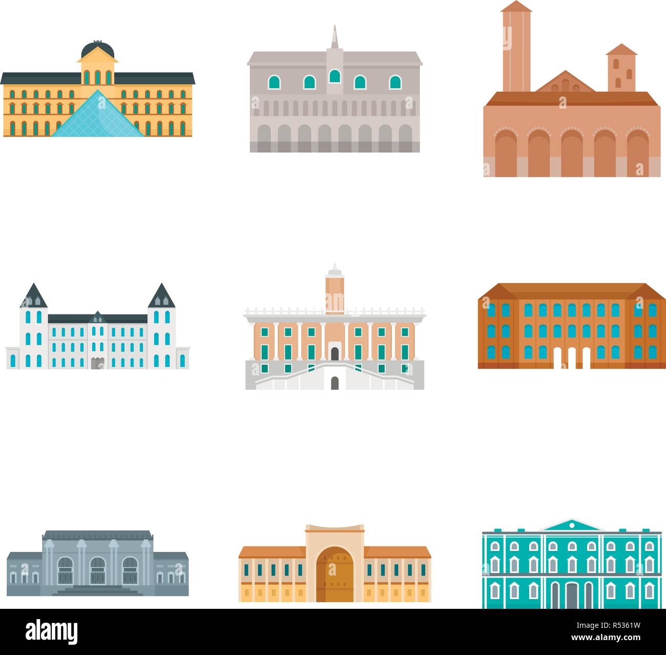 Museum Day Italy architecture palace icons set. Flat illustration of 9 ...
