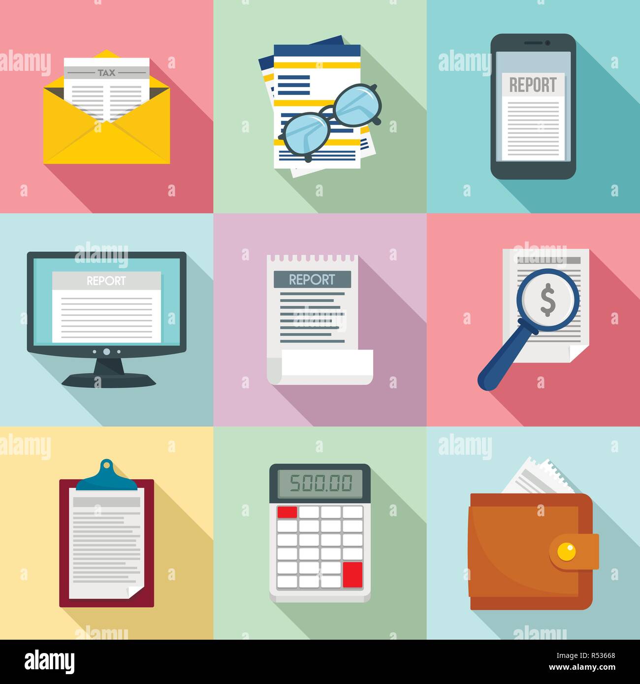 Expense report icon set. Flat set of expense report vector icons for web design Stock Vector ...