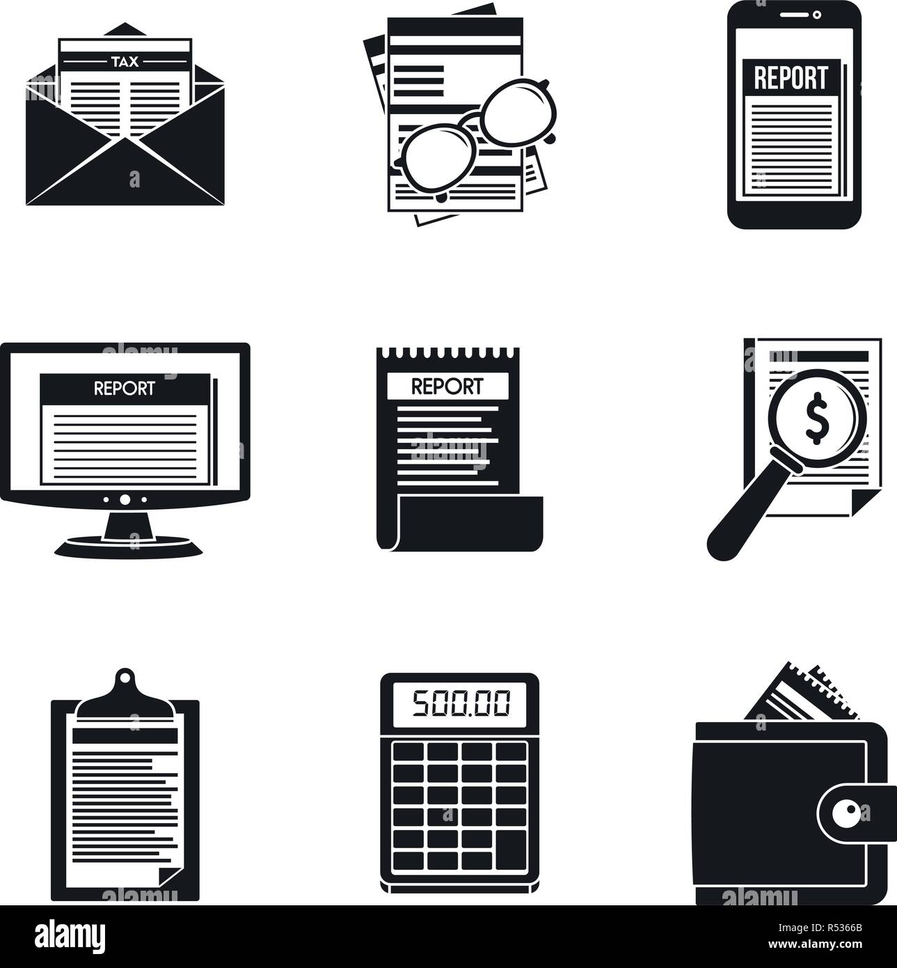 Expense report tax icon set. Simple set of expense report tax vector icons for web design on ...