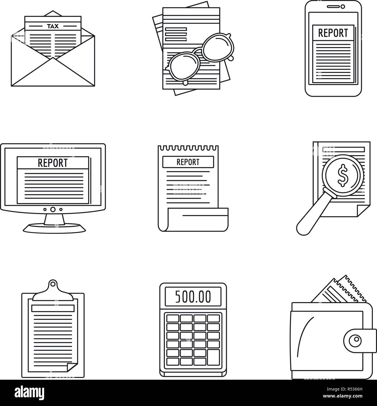 Expense report transaction icon set. Outline set of expense report ... Expense report transaction icon set. Outline set of expense report ...