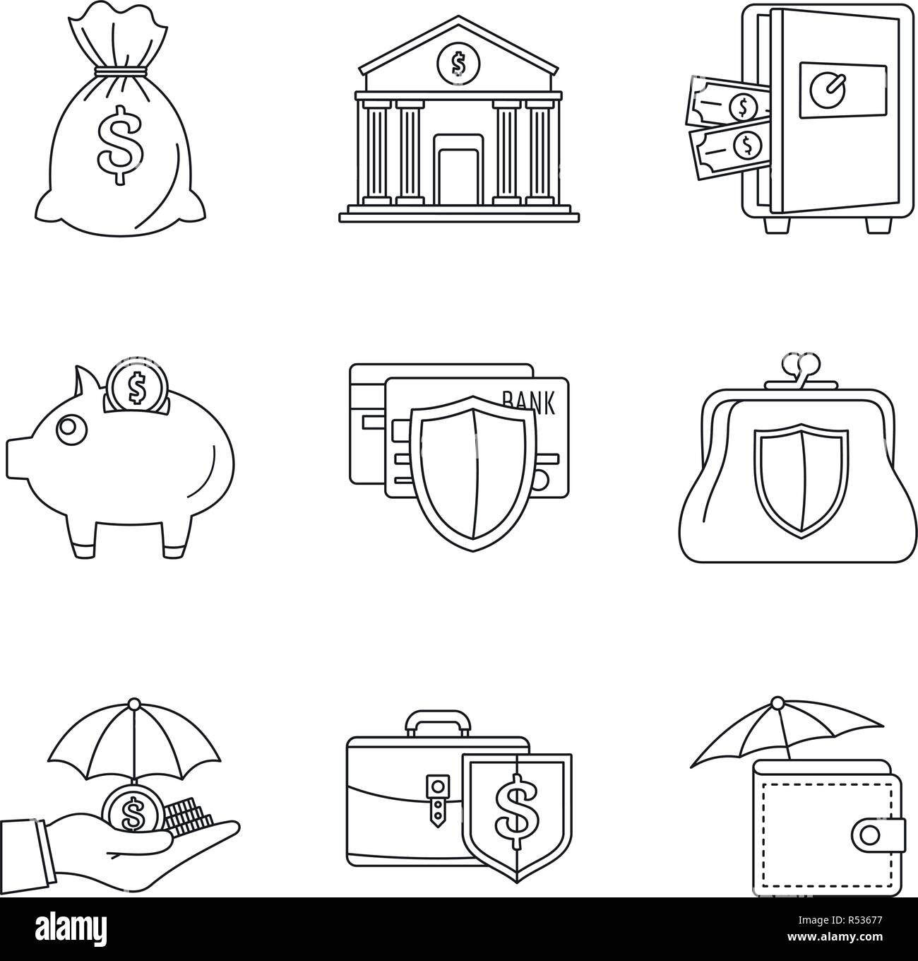 Money deposit icon set. Outline set of money deposit vector icons for ...