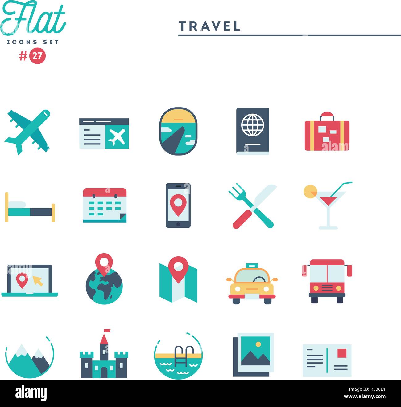 Travel, tourism, hotel, sightseeing and more, flat icons set Stock ...