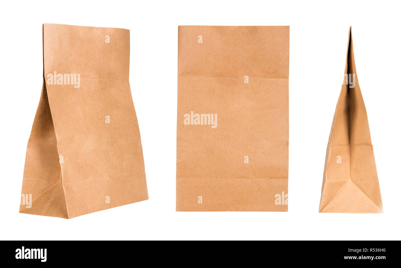 Set of three kraft paper bags on white background Stock Photo - Alamy