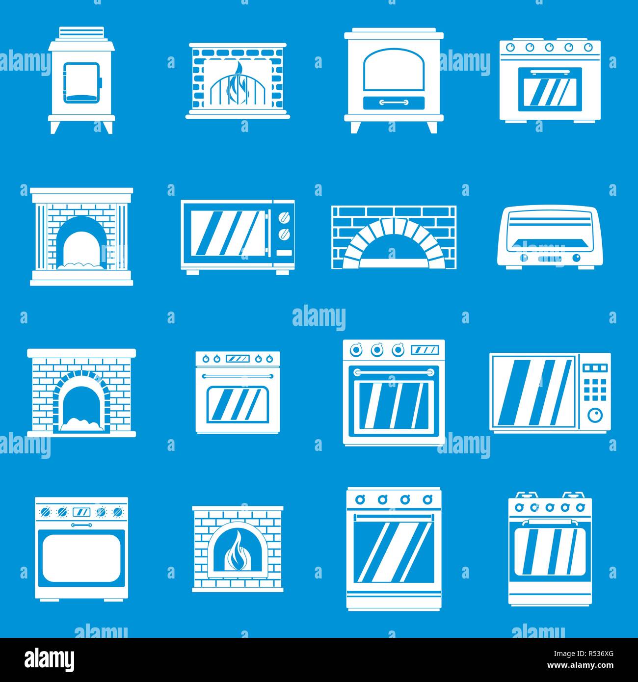 Oven stove furnace fireplace icons set. Simple illustration of 16 oven ...