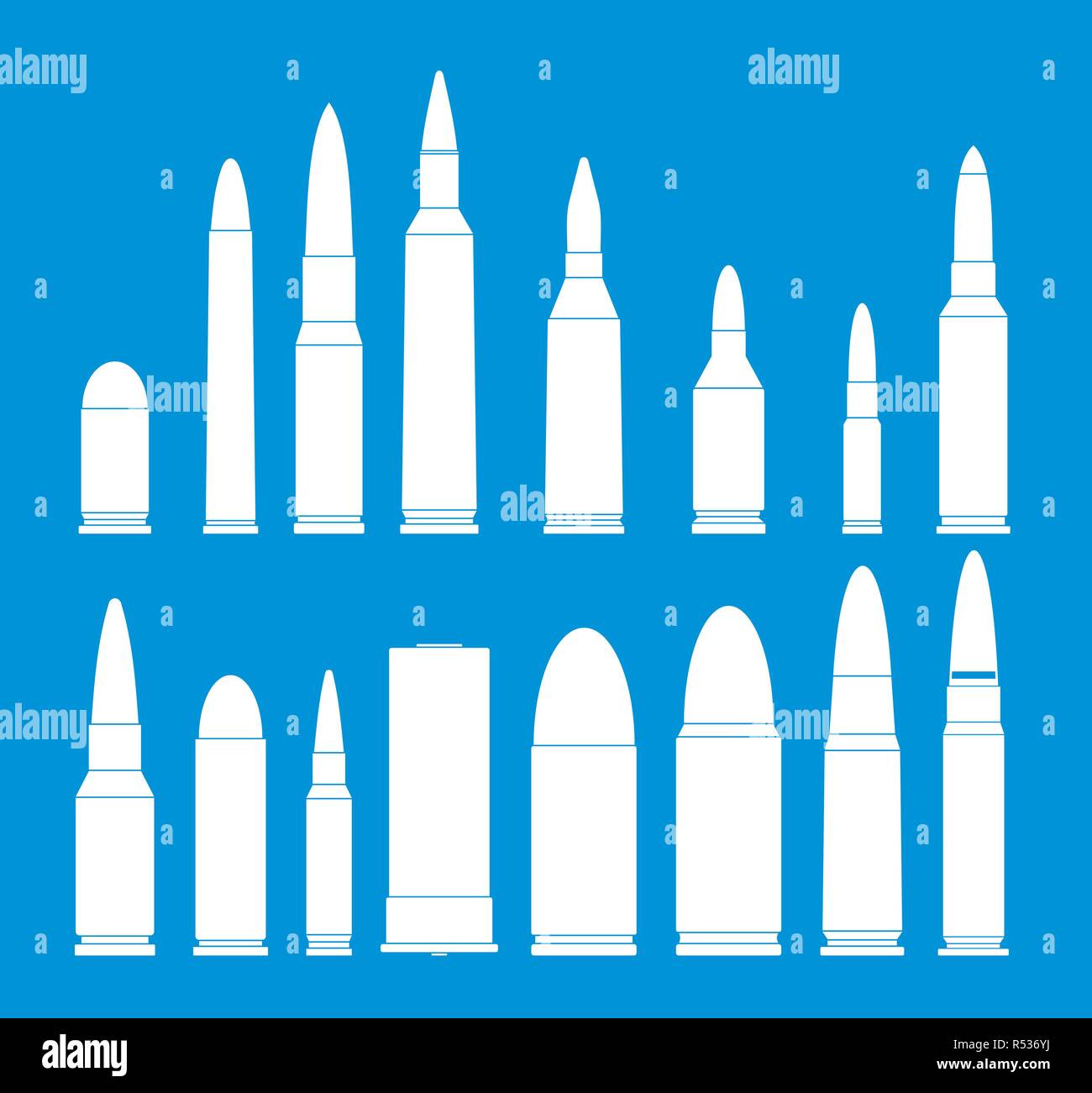 Bullet gun military icons set. Simple illustration of 16 bullet gun ...