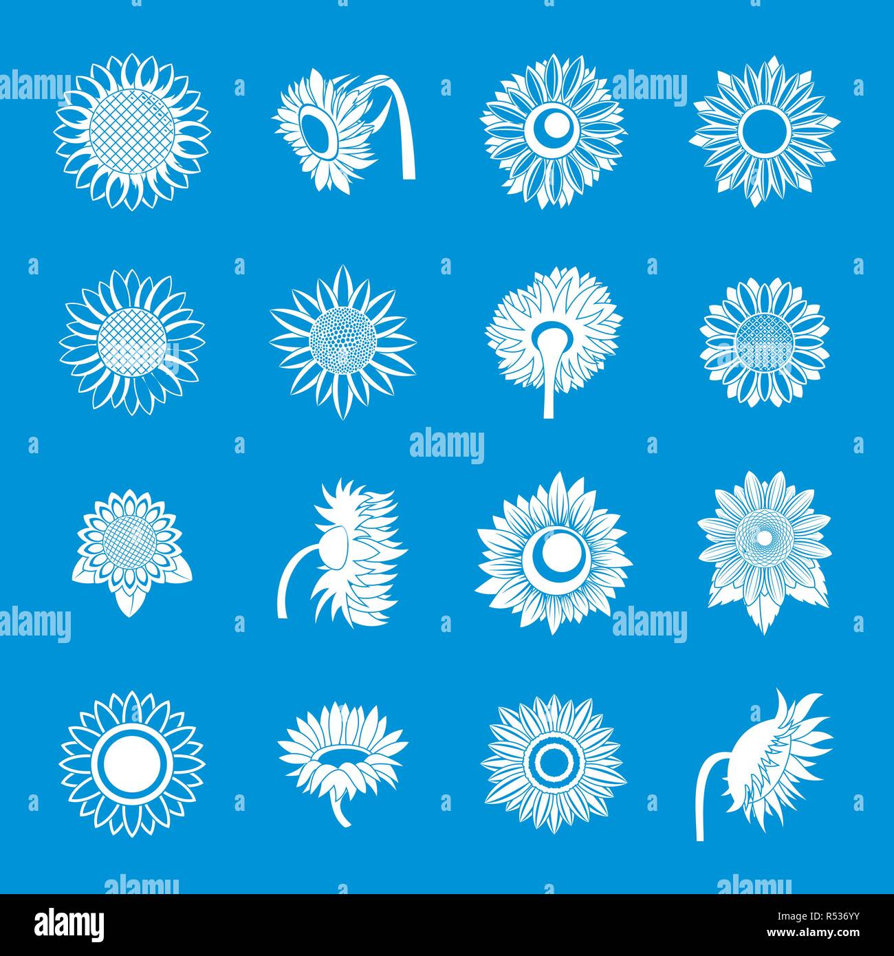 Sunflower blossom icons set. Simple illustration of 16 sunflower ...