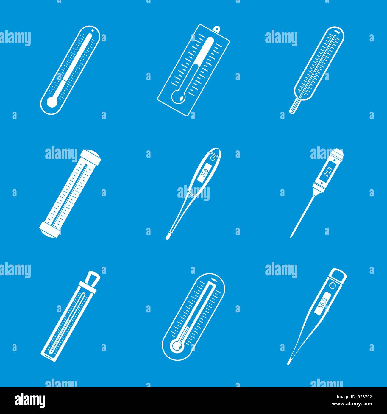 Thermometer temperature icons set. Simple illustration of 9 thermometer ...