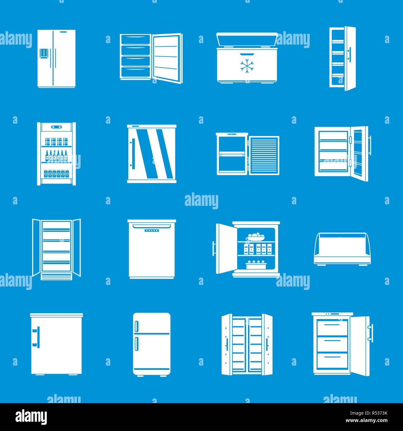 Freezer fridge frozen ice icons set. Simple illustration of 16 freezer ...