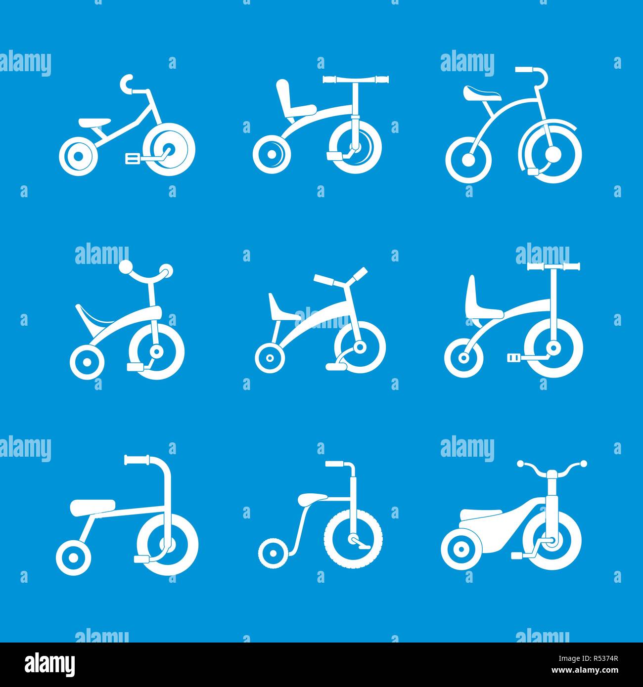 Tricycle bicycle bike wheel icons set. Simple illustration of 9 ...
