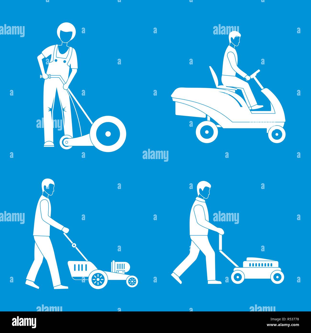 Lawnmower service man icons set. Simple illustration of 4 lawnmower ...