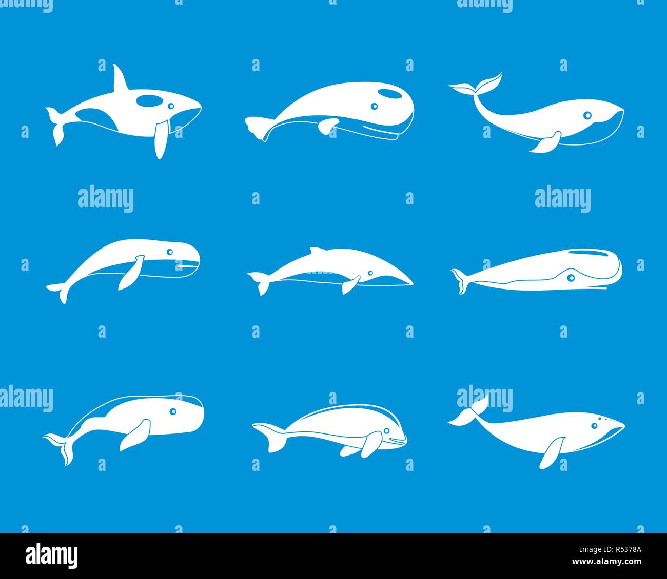 Whale blue tale fish icons set. Simple illustration of 9 whale blue ...