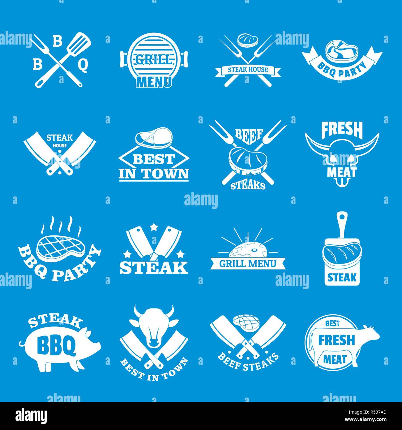 Steak logo grilled beef icons set. Simple illustration of 16 steak logo ...