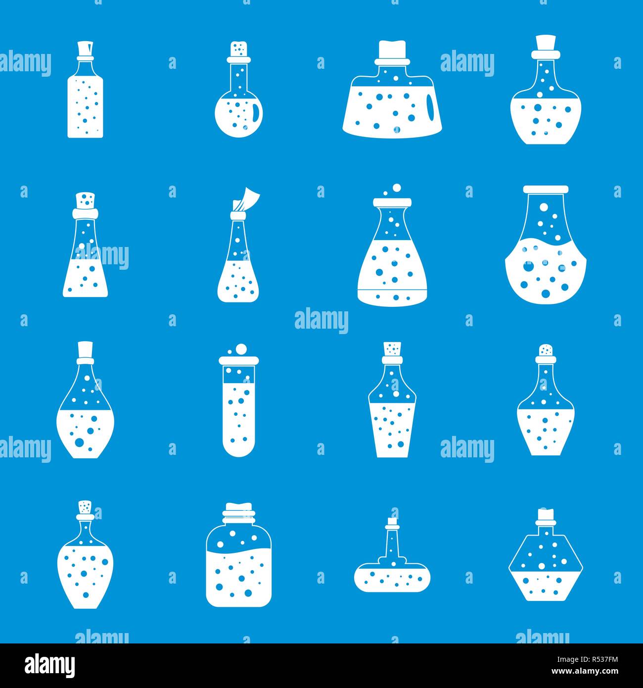 Potion magic bottle icons set. Simple illustration of 16 potion magic ...