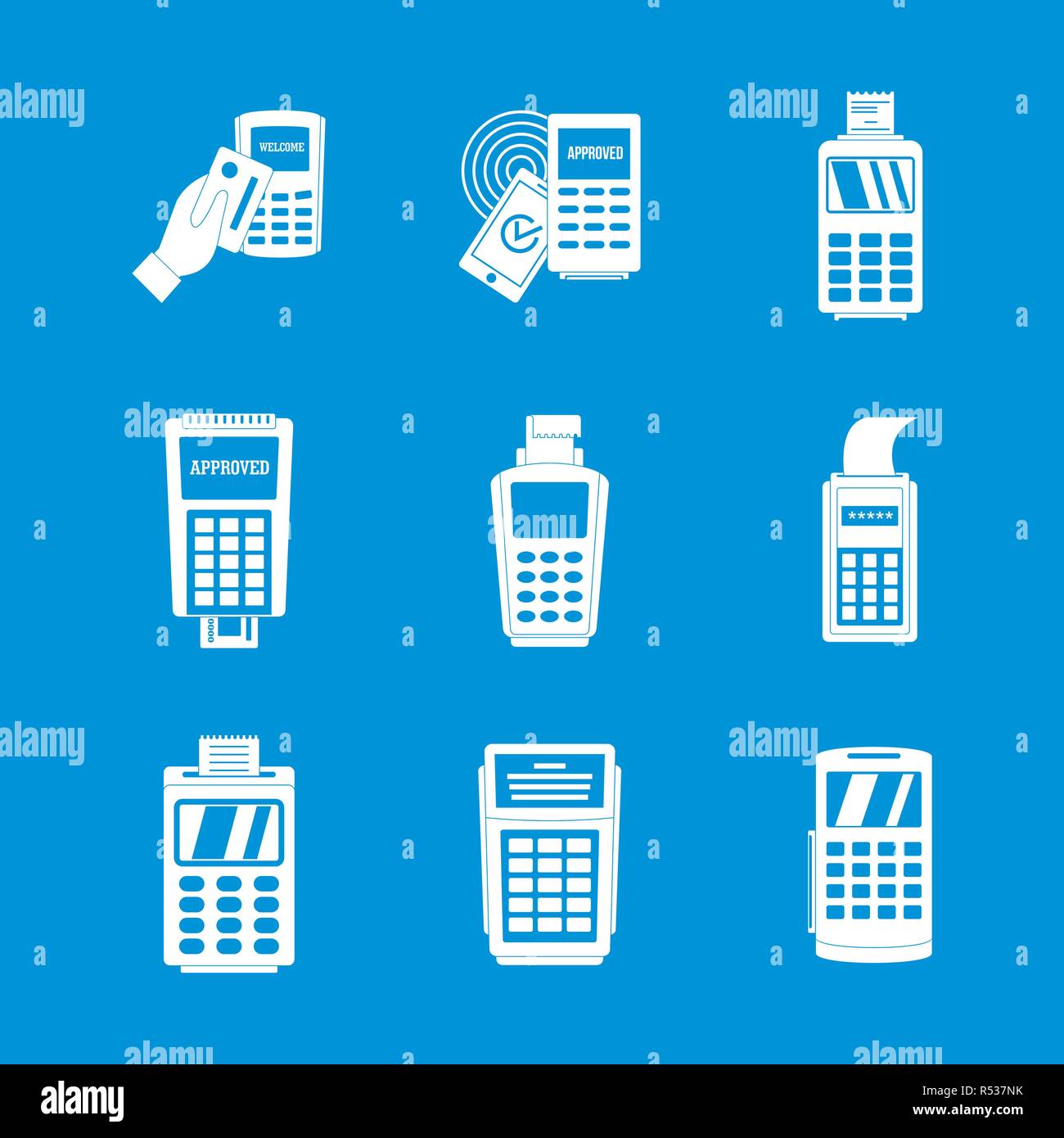 Bank terminal card credit machine icons set. Simple illustration of 9 ...