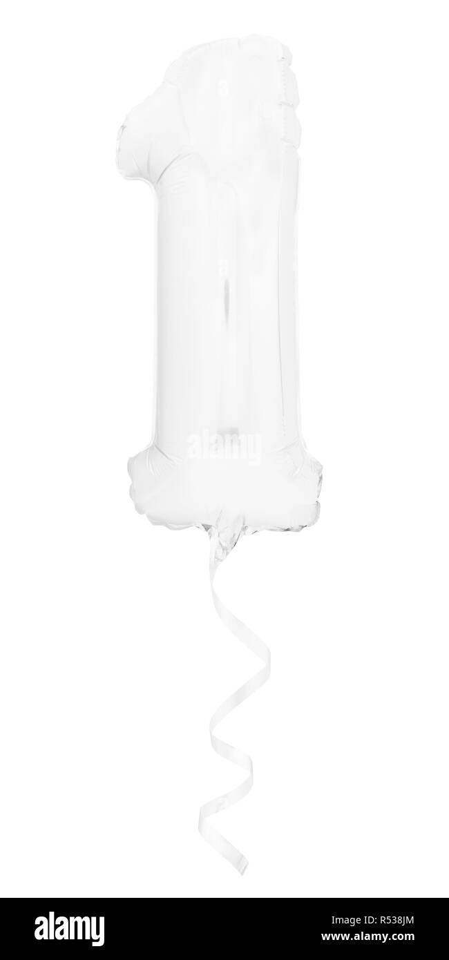 Number one 1 made of inflatable balloon with white ribbon isolated on ...