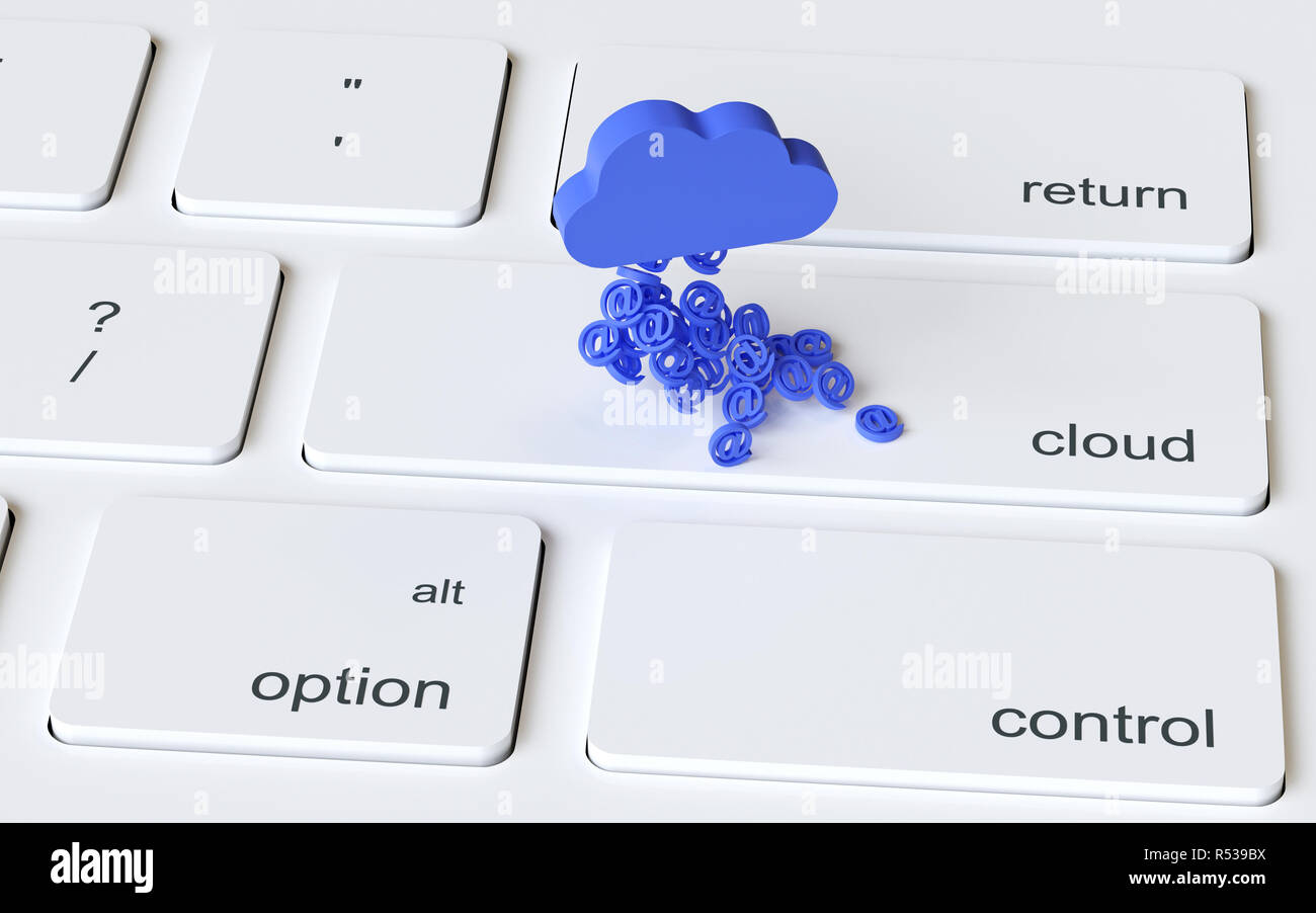 A 3D render illustration of a laptop keyboard with a cloud storage sign ...