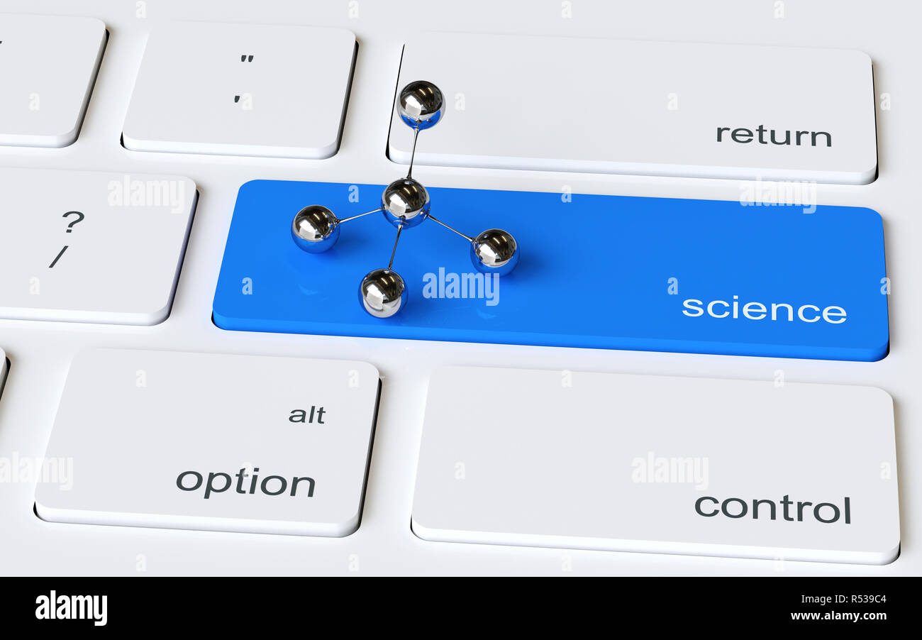 A 3d render illustration of a keyboard with a blue science button Stock ...