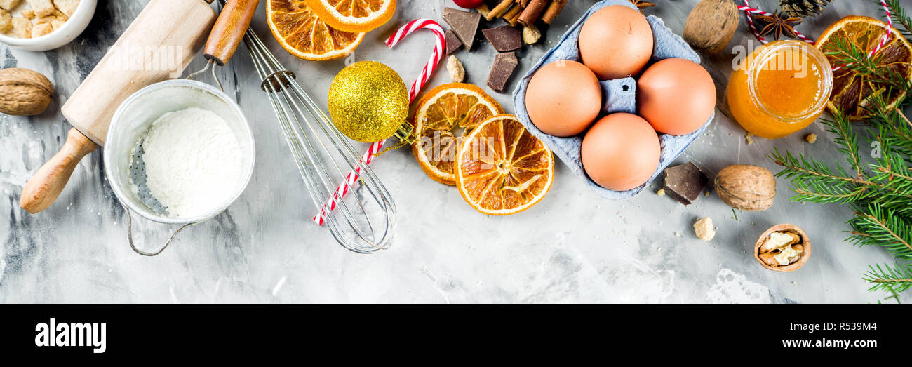 Christmas winter baking concept, ingredients for making cookies, baking ...