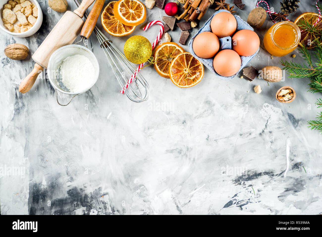 Christmas winter baking concept, ingredients for making cookies, baking ...