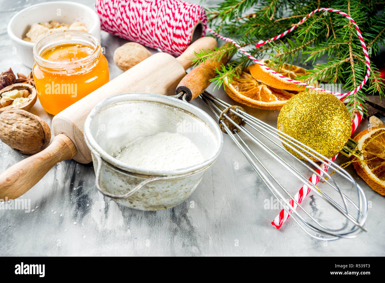 Christmas winter baking concept, ingredients for making cookies, baking ...