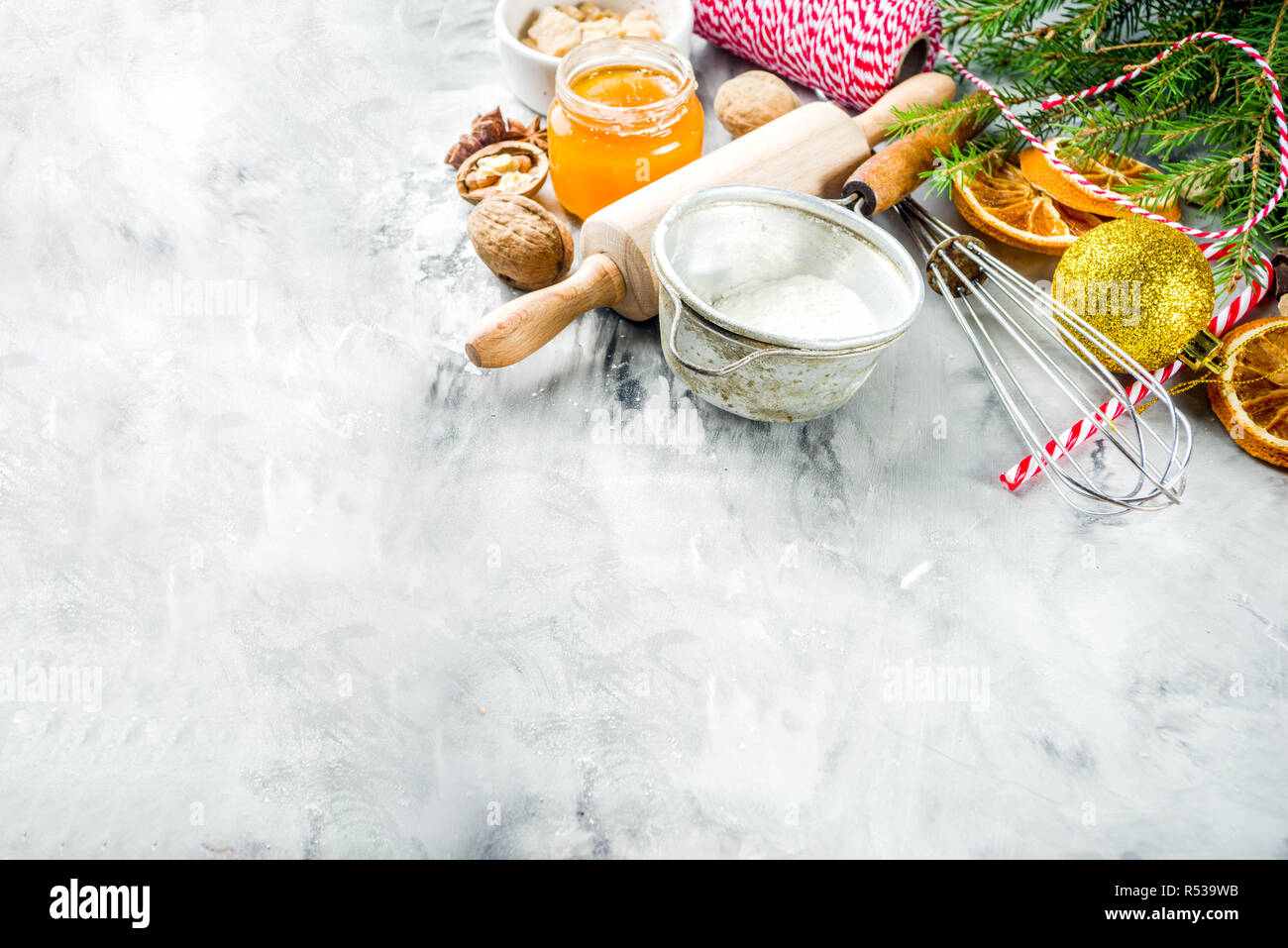 Christmas winter baking concept, ingredients for making cookies, baking ...